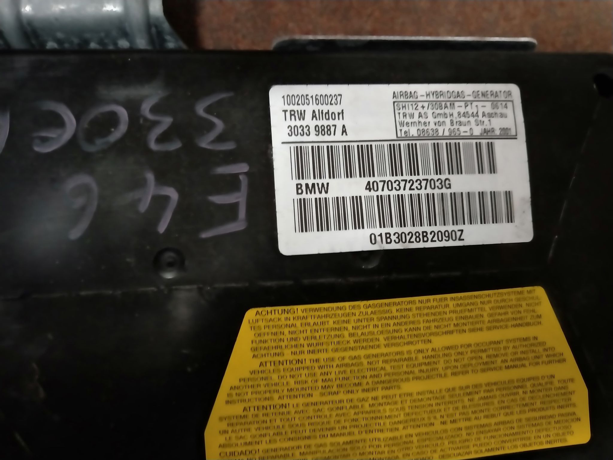 BMW E46 330Ci 3-SERIES MODEL LEFT REAR LR DOOR AIRBAG P/N 30339887A ...